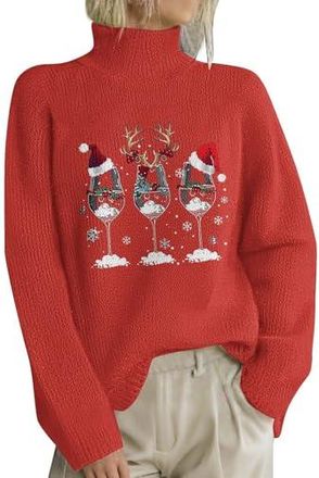 Generic Pull d&eacute;contract&eacute; &agrave; col montant pour femme - Col montant - Imprim&eacute; de No&euml;l - Fermeture &eacute;clair - Pour femme, Rouge, S