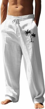 Generic Pantalon en lin pour homme, coupe ample, d&eacute;contract&eacute;, imprim&eacute; cocotier, pantalon de plage, jambe droite, vacances, pantalon de jogging &agrave; ourlet ouvert