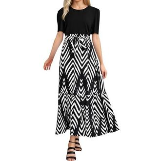 Generic Robe d&eacute;t&eacute; pour femme - Imprim&eacute; floral - Manches courtes - Robe maxi patchwork &agrave; volants - Robe trap&egrave;ze, Noir, XXL