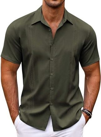 Coofandy Chemise pour homme &agrave; manches courtes Guayabera cubaine d&eacute;contract&eacute;e Chemises d&eacute;t&eacute; &agrave; manches courtes boutonn&eacute;es pour les vacances, vert militaire, S