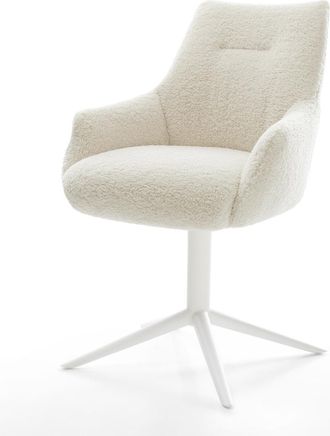 DELIFE Drehstuhl Alja-Flex mit Armlehnen Teddystoff Beige Fu&szlig;kreuz Wei&szlig; 360&deg; drehbar Wippfunktion Taschenfederkern, Esszimmerst&uuml;hle