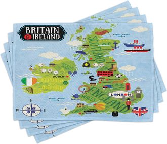 Abakuhaus Fernweh Platzmatten, Cartoon Karten von Großbritannien Irland Kinder Soldat Sehenswürdigkeiten, Waschbare Stoff Esszimmer Küche Tischdekorations Digit