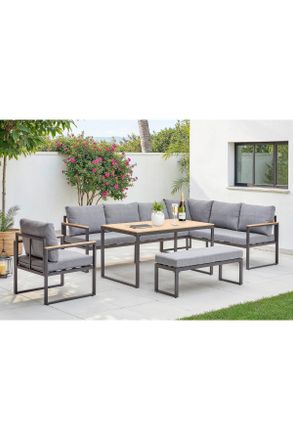 ambia GARDEN Dining-Loungeset, Grau, Natur, Dunkelgrau, Metall, Kunststoff, Textil, 5-teilig, F&uuml;llung: Schaumstoff,Polyester, eckig, U-Form, 250x187 cm, Loungem&ouml;be