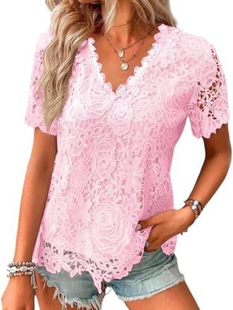 Generic T-shirt en dentelle pour femme - &Eacute;l&eacute;gant - Col en V - Manches courtes - Haut en dentelle confortable - T-shirt basique - Vacances - Tunique - D&eacute;contra