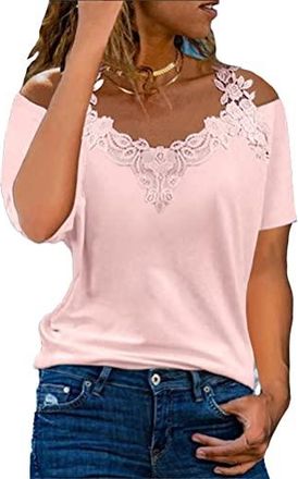 Onsoyours Chemisiers Hauts Femme Mode Manches Courtes T-Shirt en Dentelle Décontracté Chemise Élégante Blouse Épaules Dénudées Top Hauts Couleur Unie Shirt 01 R