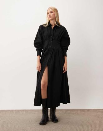 Asos robe chemise mi-longue en popeline &agrave; taille cintr&eacute;e noire