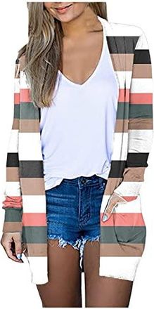 Generic Vestes pour femmes 2026 coutures couleur assortie cardigan poches v&ecirc;tements dext&eacute;rieur &agrave; manches longues impression mode veste d&eacute;contract&eacute;e, Noir, XXL