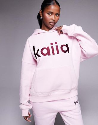 KAIIA Oversize-Kapuzenpullover mit hohem Baumwollanteil in Babyrosa mit Logo-Stickerei in Burgunderrot, Kombiteil