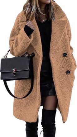 ORANDESIGNE Manteau dhiver Femme Duveteux Polaire Revers Manches Longues Bouton Chaud Fausse Fourrure V&ecirc;tements Dext&eacute;rieur Veste Sherpa Cardigan A Kaki L