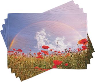 Abakuhaus Mohn Platzmatten, Poppy Blumen auf der Wiese, Waschbare Stoff Esszimmer Küche Tischdekorations Digitaldruck, Grün Blau