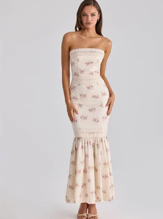 House of CB Alessina - Robe longue en coton &agrave; imprim&eacute; roses vintage - Ivoire-Blanc