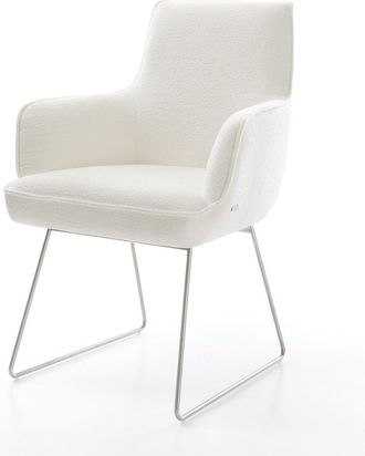 DELIFE Esszimmerstuhl Heira-Flex mit Armlehnen Boucl&eacute; Soft Beige Kufengestell Edelstahl Taschenfederkern, Esszimmerst&uuml;hle