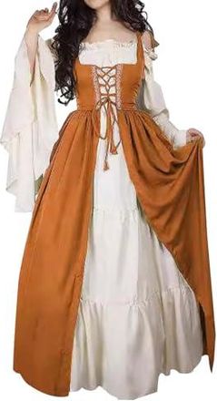 Generic Robes Renaissance pour femmes, costume médiéval rétro, dHalloween, robes longues à épaules dénudées avec manches évasées, tenue victorienne, jaune, M