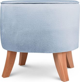 MG Design Ovaler Samt-Hocker 42 x 52 cm in Blau mit Holzbeinen - Gepolsterter Fu&szlig;hocker f&uuml;r Wohnzimmer oder Schlafzimmer