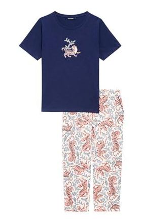 Arthur Pyjama Corsaire Femme Tigre - Ensemble de Pyjama Femme - T-Shirt Manches Courtes et Pantalon mi-Long - Coton Issu de lagriculture Biologique - Blanc -