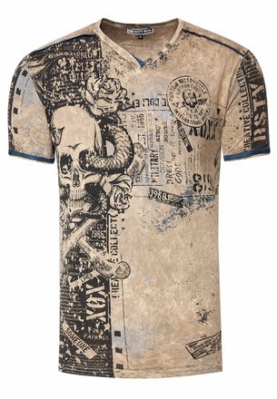Rusty Neal Herren T-Shirt All Over Skull X Snake X Rose Print Wildleder-Band Knopf-Verzierung V-Neck Stretch Streetwear Used-Look Shirt 293, Farbe:Olive, Gr&ouml;&szlig;e S