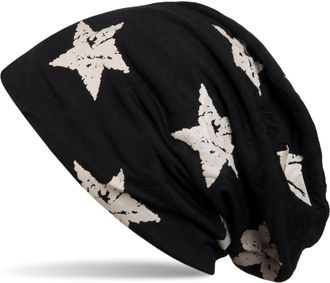 styleBREAKER Unisex Stoff Beanie M&uuml;tze mit Sterne Print im Destroyed Vintage Look, Longbeanie 04024041, Farbe:Schwarz
