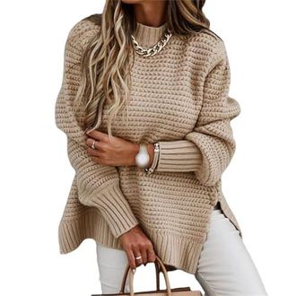 Generic Pull surdimensionn&eacute; en tricot &eacute;pais &agrave; manches longues et col montant, fente lat&eacute;rale, tricot c&ocirc;tel&eacute; confortable, kaki, XL