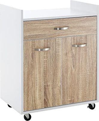 HOMCOM Chariot de Service desserte de Cuisine &agrave; roulettes tiroir Placard 2 Portes &eacute;tag&egrave;re en Bois Blanc Aspect ch&ecirc;ne Clair