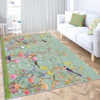 Generic Tapis de Sol 160 x 230 cm Branches Oiseaux Coucou, Tapis Lavable imprim&eacute; Gris &agrave; Poils Courts - Moquette Coureur antid&eacute;rapant Doux pour Salon Chambre S