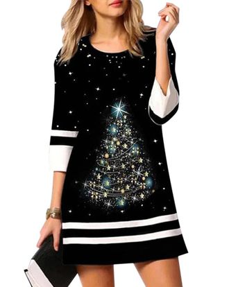 Minetom Damen Weihnachtskleid Elegante Blusenkleid 3/4 &Auml;rmel Festliches Kleider Weihnachten Druck Tunika Kleid Partykleid Cocktailkleid Blau M