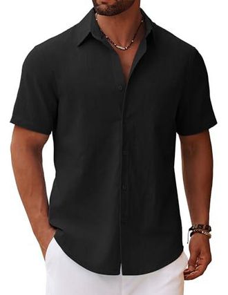 Coofandy Chemise Coton Homme Chemise Manches Courtes Casual Chemise &Eacute;t&eacute; Leger Boutons Shirt Classique avec Poche Regular Fit Noir 3XL