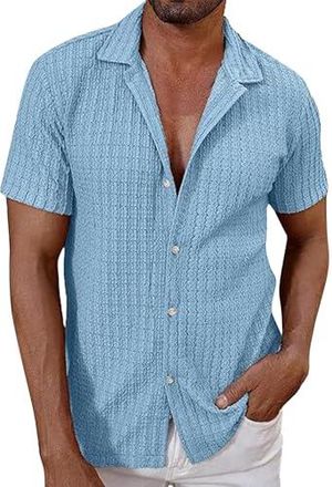 Generic Chemise en tricot &agrave; manches courtes boutonn&eacute;e vintage pour homme, chemise d&eacute;contract&eacute;e pour la plage, les vacances, la plage, les vacances, la plage, 