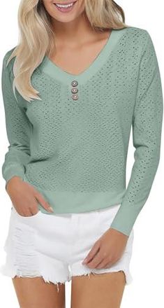 Generic Chemise unie à manches longues pour femme - Chemisier tendance à manches longues - Col en V - Style décontracté - Couleur unie - Vêtements pour la vie