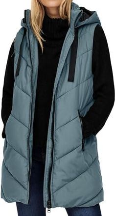 Jacqueline de Yong Veste dhiver Femme Skylar Long Gilet Matelass&eacute; sans Manches Basique &agrave; Capuche & Fermeture &Eacute;clair, Couleurs:Bleu, Taille:XL
