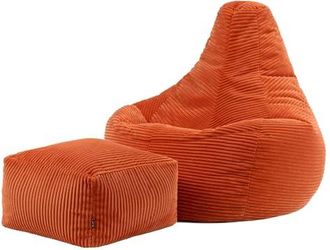 Icon Brand Dalton Sitzsack mit Hocker Cord, Orange, Gaming Sitzsack Erwachsene mit Füllung, Bean Bag, Cord Sessel, Lounge Sessel, Lounge Stuhl, Schlafzimmer, Woh