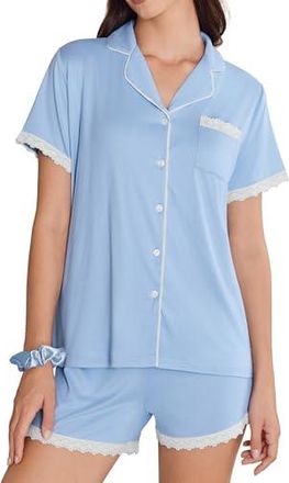 Ekouaer Pyjama Femme Court Vêtements de Nuit Été Boutons Ensemble de Pyjama Manches Courtes, Bleu M
