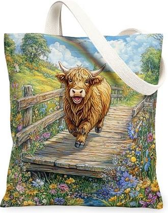 Generic Sac fourre-tout en toile de vache des Highlands printani&egrave;res pour le shopping, 33 x 38 cm, sac d&eacute;picerie r&eacute;utilisable pour femme, motif floral amusant