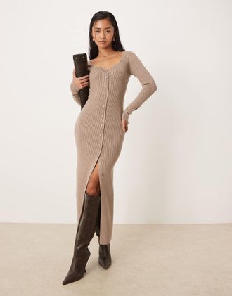 Abercrombie & Fitch Robe longue ajust&eacute;e &agrave; manches longues et col V - Beige-Neutre