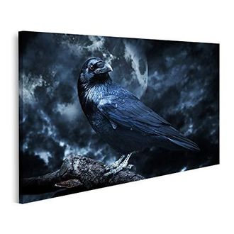 Islandburner Tableau sur Toile Corbeau Noir Clair de Lune Arbre Se Percher Nuit Nuageuse Pleine Lune Cadre Affiche Poster Murale Tableaux