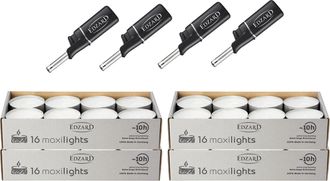 Edzard 64 Stück Maxi Teelichter, Durchmesser 58 mm, weiß, ohne Duft, Aluminiumhülle, Brenndauer 10 Stunden - plus 4 Mini-Stabfeuerzeuge Länge 11 cm