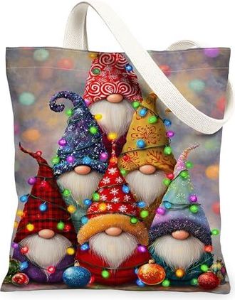 Generic Sacs fourre-tout en toile avec motif de nain de No&euml;l, sacs d&eacute;picerie r&eacute;utilisables, vintage, fantaisie, l&eacute;gers, lavables, color&eacute;, 13x15 Inch