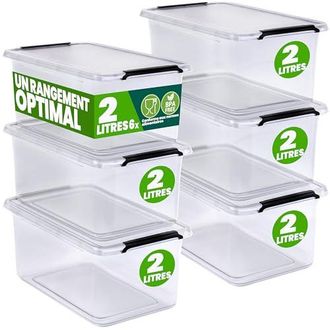 Deuba 6x Boîte de rangement 2L en plastique transparent empilable sans BPA gain de place caisse de rangement organiseur