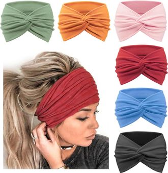 Dreshow 6 St&uuml;ck Breite Stirnb&auml;nder f&uuml;r Damen Extra Gro&szlig;e Turban Stirnband Boho Head Wrap Elastische Haarb&auml;nder Haar Twisted Knot Haarschmuck