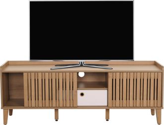 Mendler TV-Rack HWC-M48, Lowboard TV-Schrank, Schiebet&uuml;r 56x150x40cm - Natur, Schublade wei&szlig;