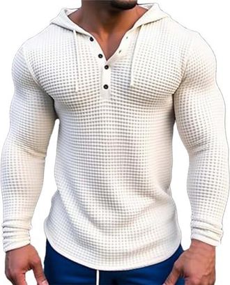 Generic Henley Sweat &agrave; capuche pour homme : sweat-shirt gaufr&eacute; Henley pour homme avec cordon de serrage, coupe muscl&eacute;e, manches longues, sweat &agrave; capuche pour 