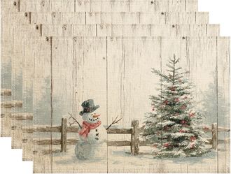Generic Winter Schneemann und Baum Tischsets Rustikale Urlaub Bauernhaus Platzsets f&uuml;r Esstisch Weihnachten rutschfest Waschbar Indoor Outdoor K&uuml;che Party Dek