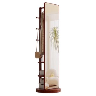 Generic 360° Drehbarer Ganzkörperspiegel Aus Massivholz mit Garderobe, Standspiegel mit 6 Haken und Ablagefächern, Ganzkörper-Spiegel für Schlafzimmer, Wohnzi