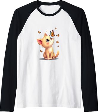 Mapanoli Design Niedliches K&auml;tzchen mit Schmetterlingen - niedlicher Katzenliebhaber Raglan