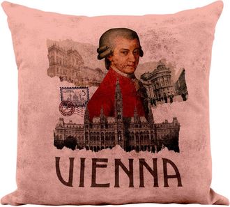 Fabulous Kissen aus Kunstleder, Rosa - Vienna Vintage Collage Wien Reise Österreich Mozart - 40 x 40 cm - Leder-Haptik - Bezug und Kissen inklusive