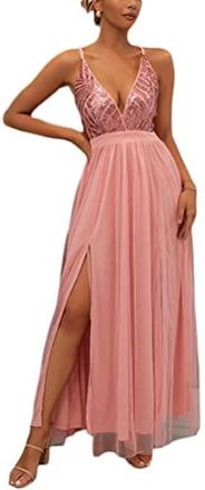 Minetom Robe de Soirée Femme Paillettes Col en V A-Line sans Manches Mariage Demoiselle dhonneur Maxi Robe Longue F Rose L