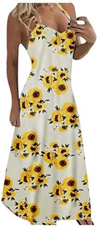 Generic Robe boh&egrave;me pour femme, col en V, imprim&eacute; floral, sans manches, &eacute;l&eacute;gante, jaune, 5XL