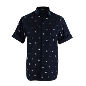 Neil Barrett Navy Cotton Poplin Geometric Print Short Sleeve Shirt Size 14.5