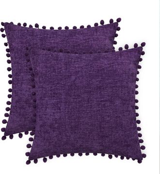 CaliTime Kissenbezüge 2er-Pack Kuschelige, durchgefärbte, weiche Chenille-Kissenbezüge mit Pom Poms für Couch Sofa Dekoration 50cm x 50cm Lila