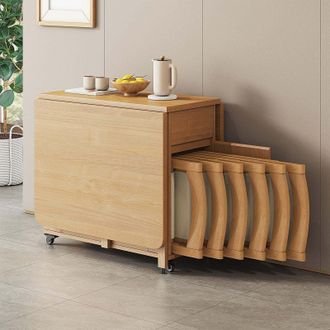 Generic Extendable Solid Wood Drop Leaf Table, Folding Dining Table Set with 4/6 Padded Chairs, Space Saving Compact Design, for Home Living Room Restaurant(6