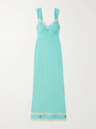 Rixo Lucie Midikleid Aus Cr&ecirc;pe De Chine Mit Stickereien Und Spitzenbes&auml;tzen - Blau